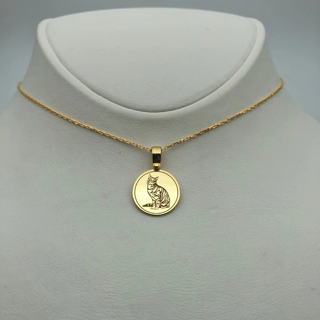 Tiny Cat Necklace, 14K Gold Cat Engraved Charm Necklace, Cute Pet ...