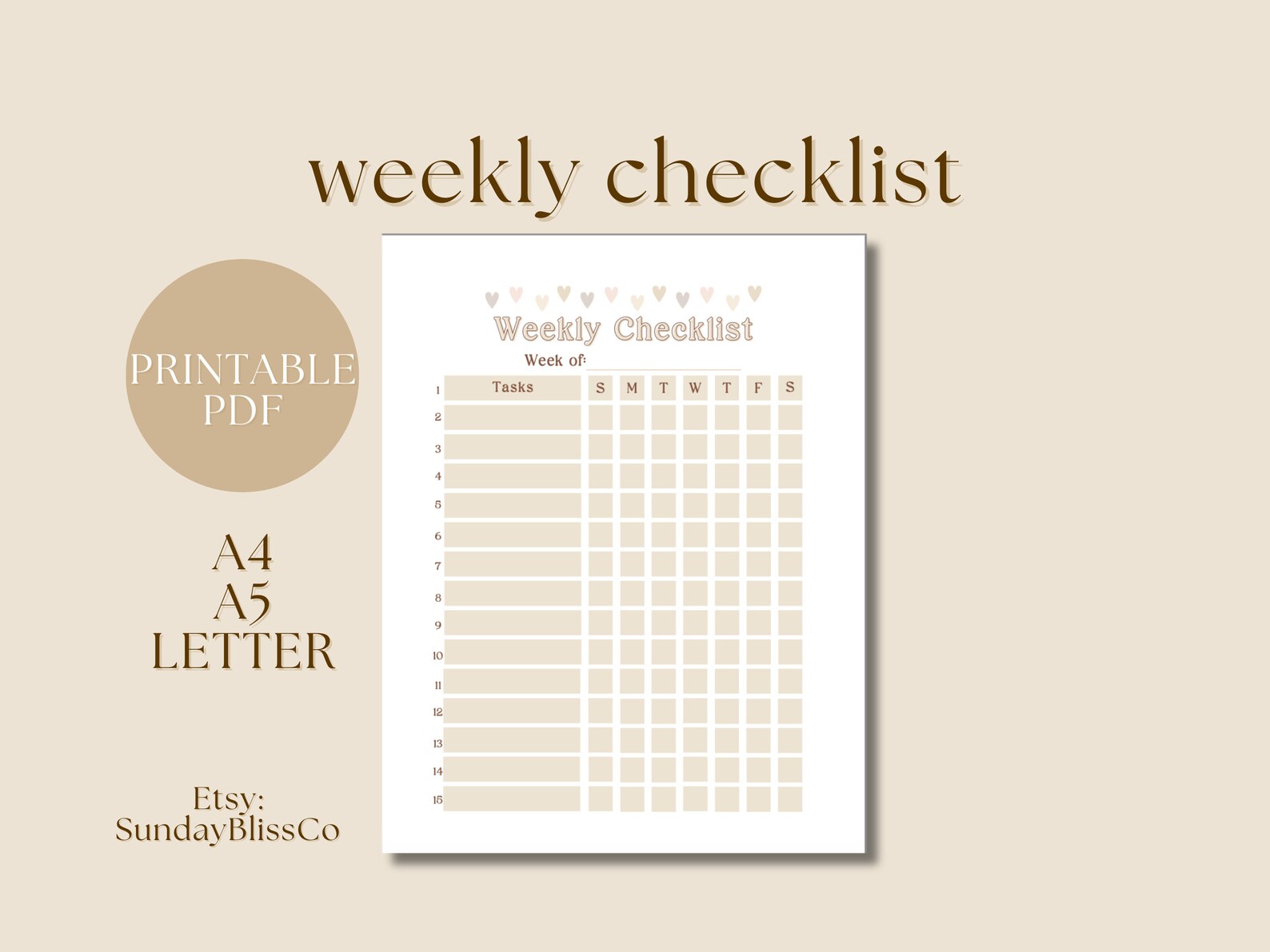 Weekly Checklist - Printable Template - Digital Download - Etsy