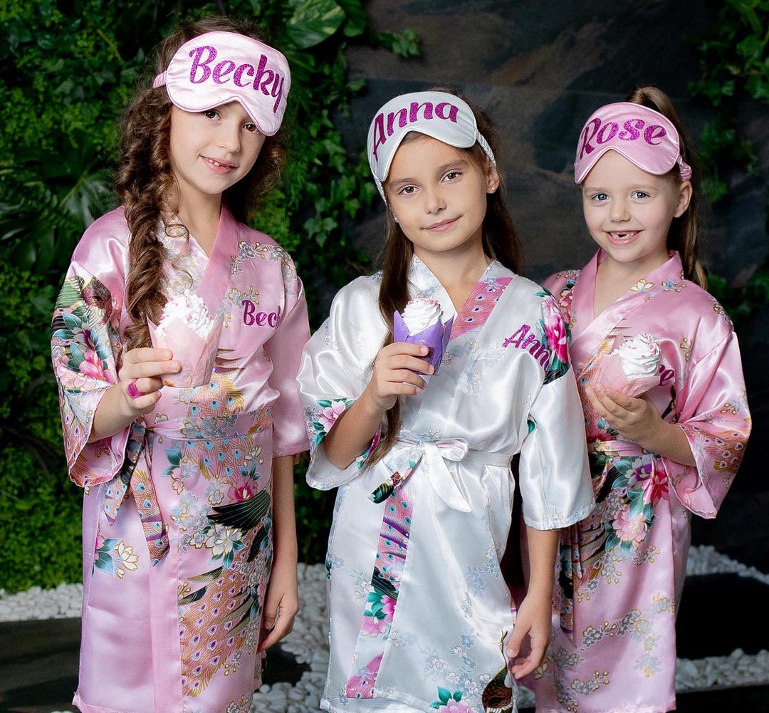 Custom Floral Peacock Kids Satin Robes, Personalized Satin Robes, Spa ...
