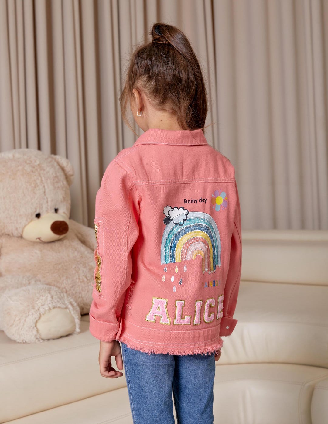 Kids Personalized Denim Jacket, Kids Jacket With Name, Rainbow Pink ...