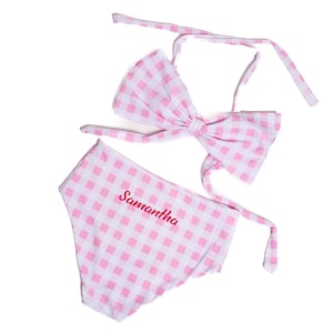 Custom Pink Plaid Swimsuit, Trendy Girls 2 Pcs Swimsuit, Personalized ...