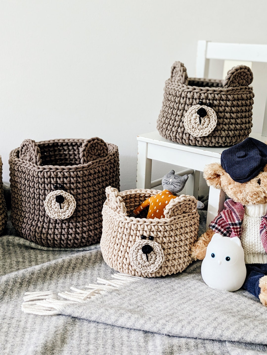 Teddy Bear Crochet Basket Made of Recycled Cotton Cord - Natural Earth ...