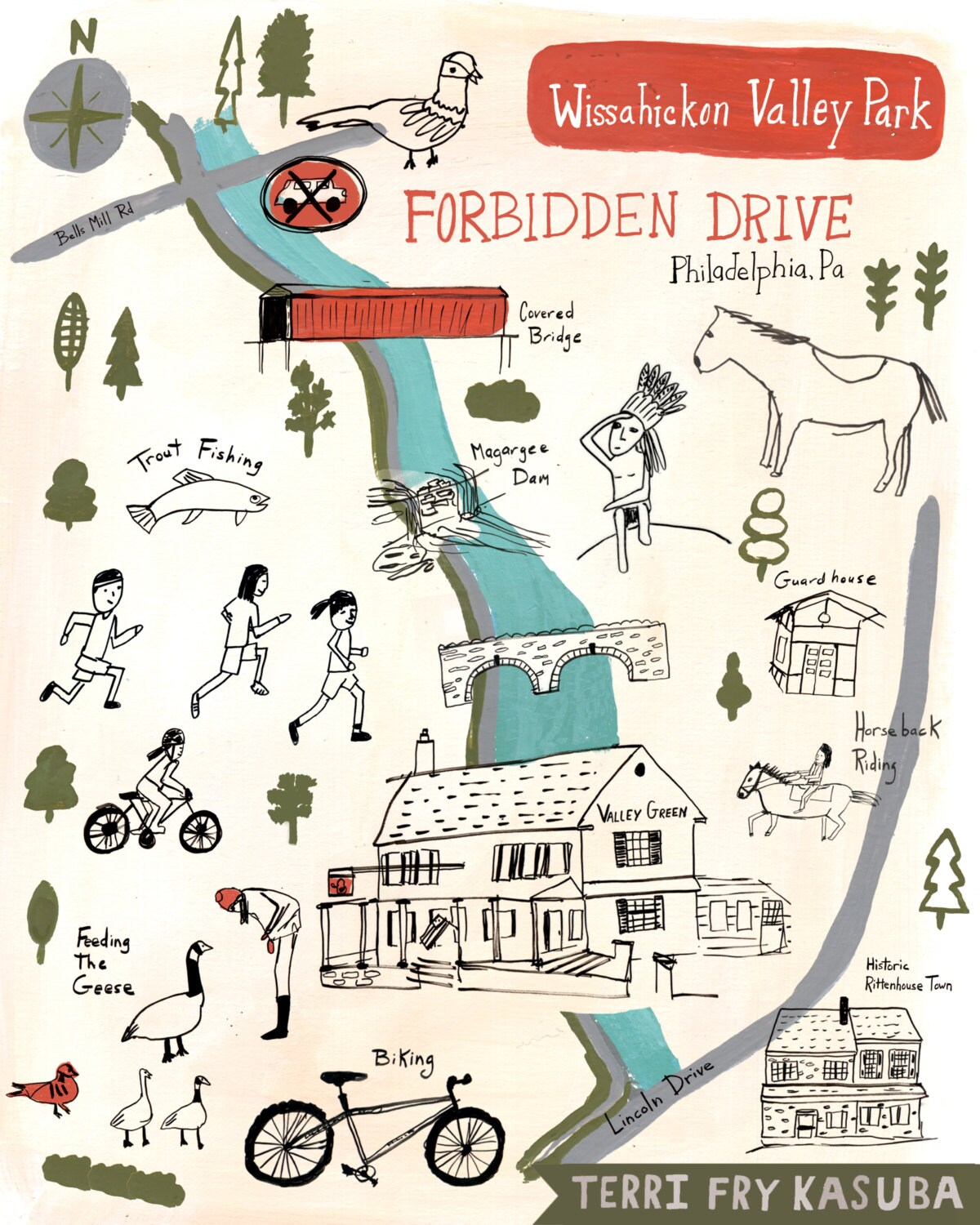 Wissahickon Valley Park Forbidden Drive Philadelphia Illustrated Map ...