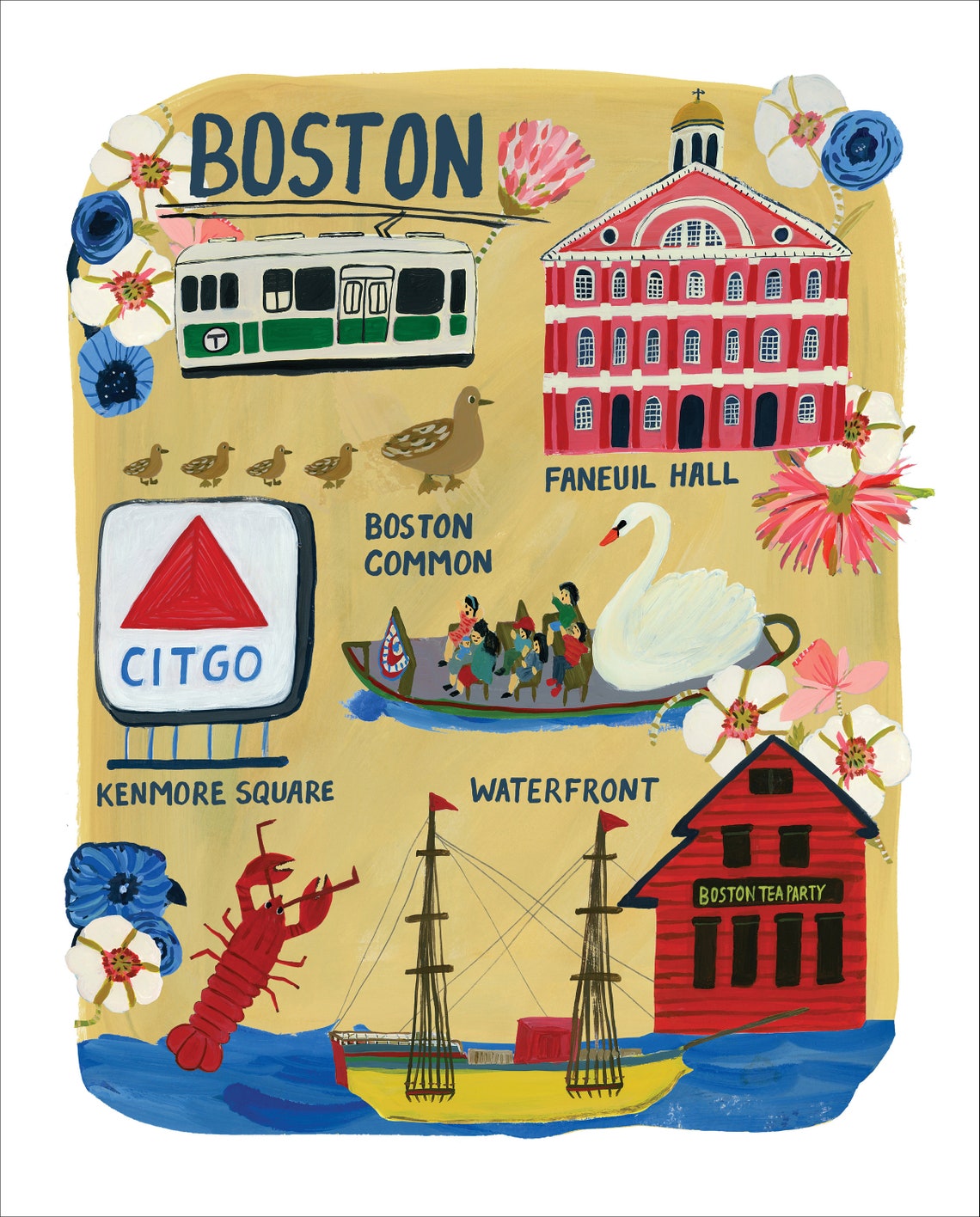 Boston Massachusetts Illustrated Decorative Travel Map Wall Art Signed ...