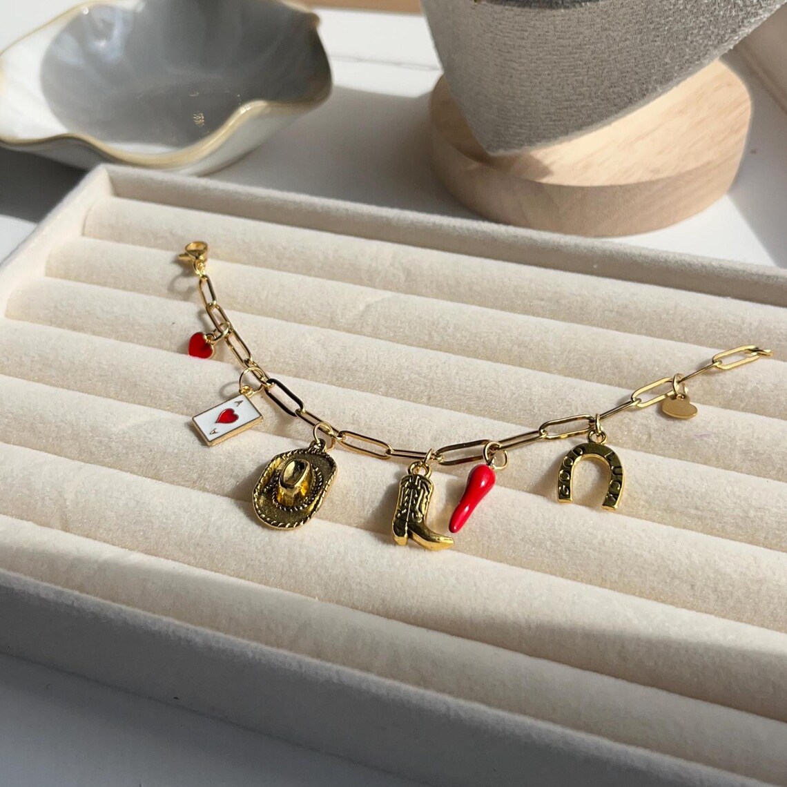 Space Cowboy Chilli Charm Bracelet | Gold Tone Western Boot, Hat ...