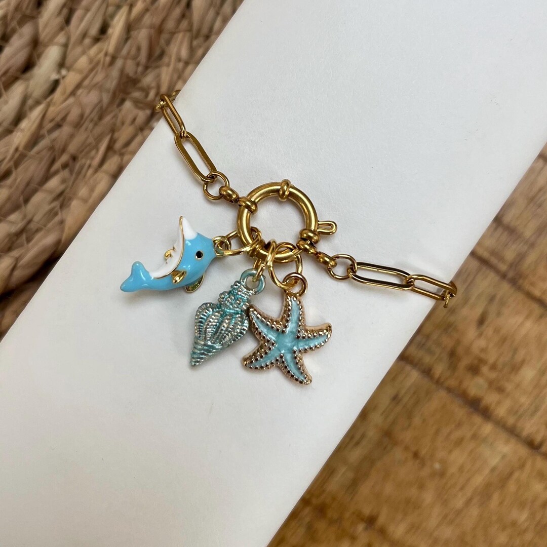 Blue Dolphin and Seashells Starfish Gold Charm Bracelet | Handmade ...