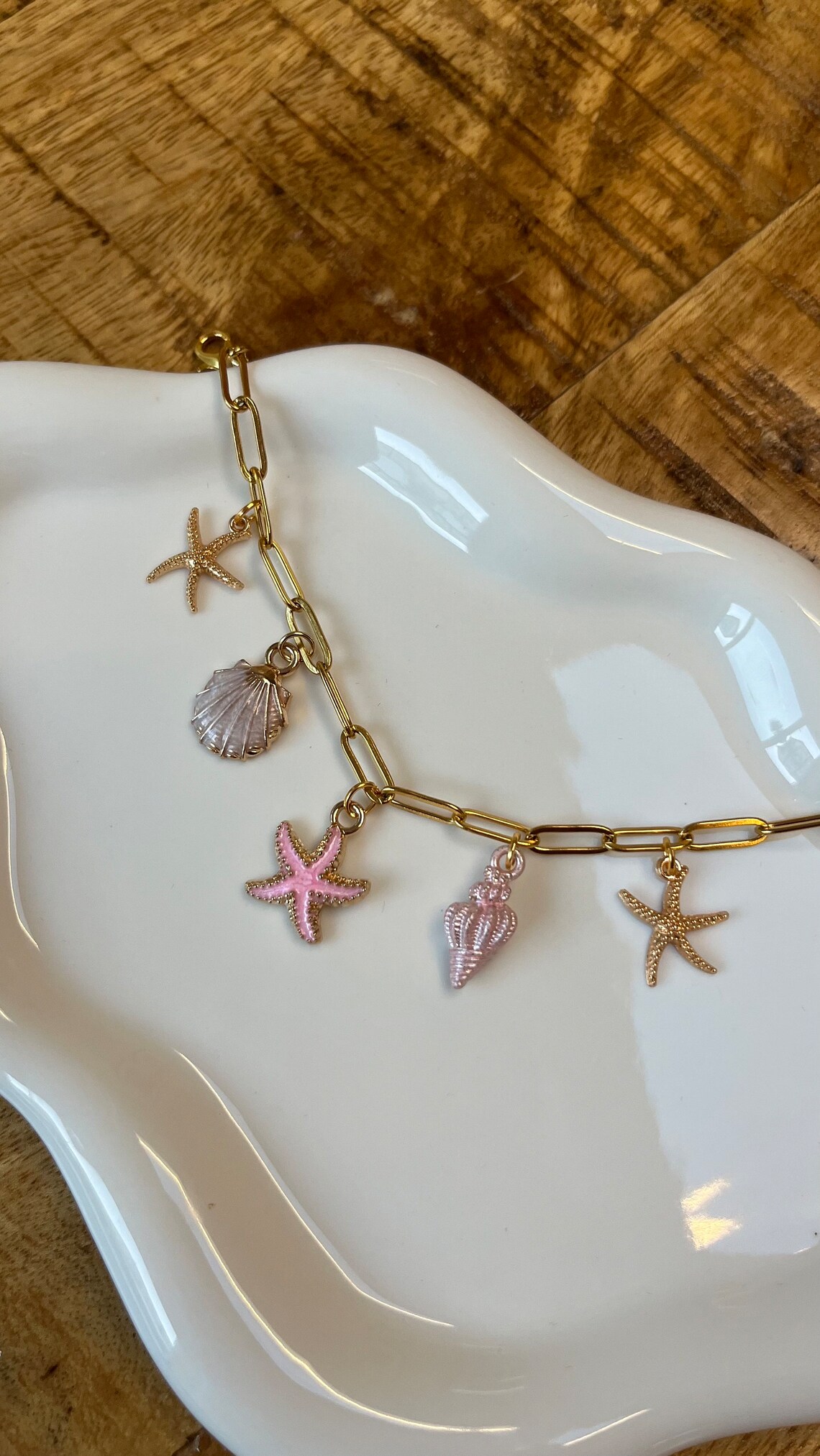 Pink Seaside Seashells Starfish Gold Charm Bracelet | Handmade ...