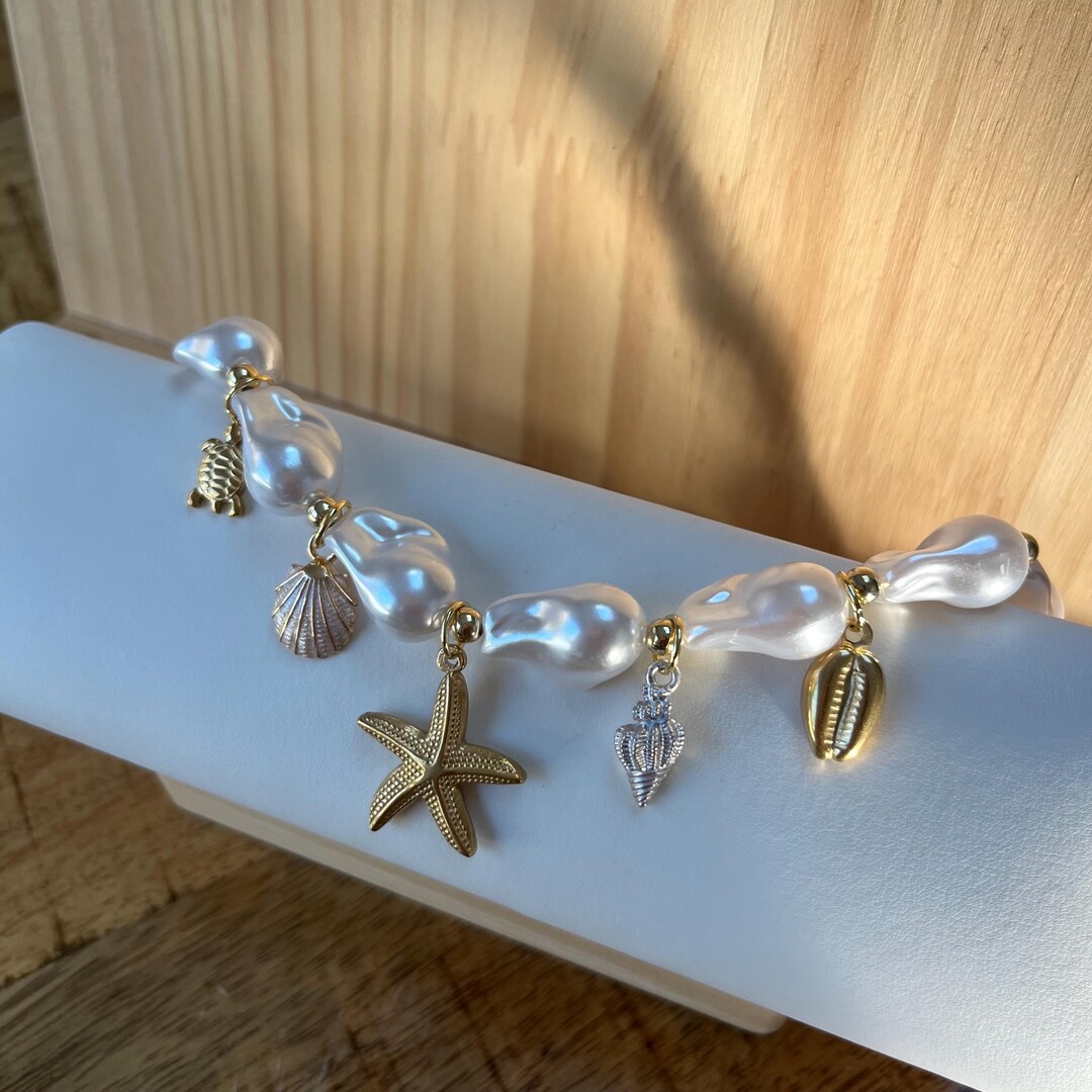 Beaded Pearl White Seaside Seashells Starfish Gold Charm Necklace ...