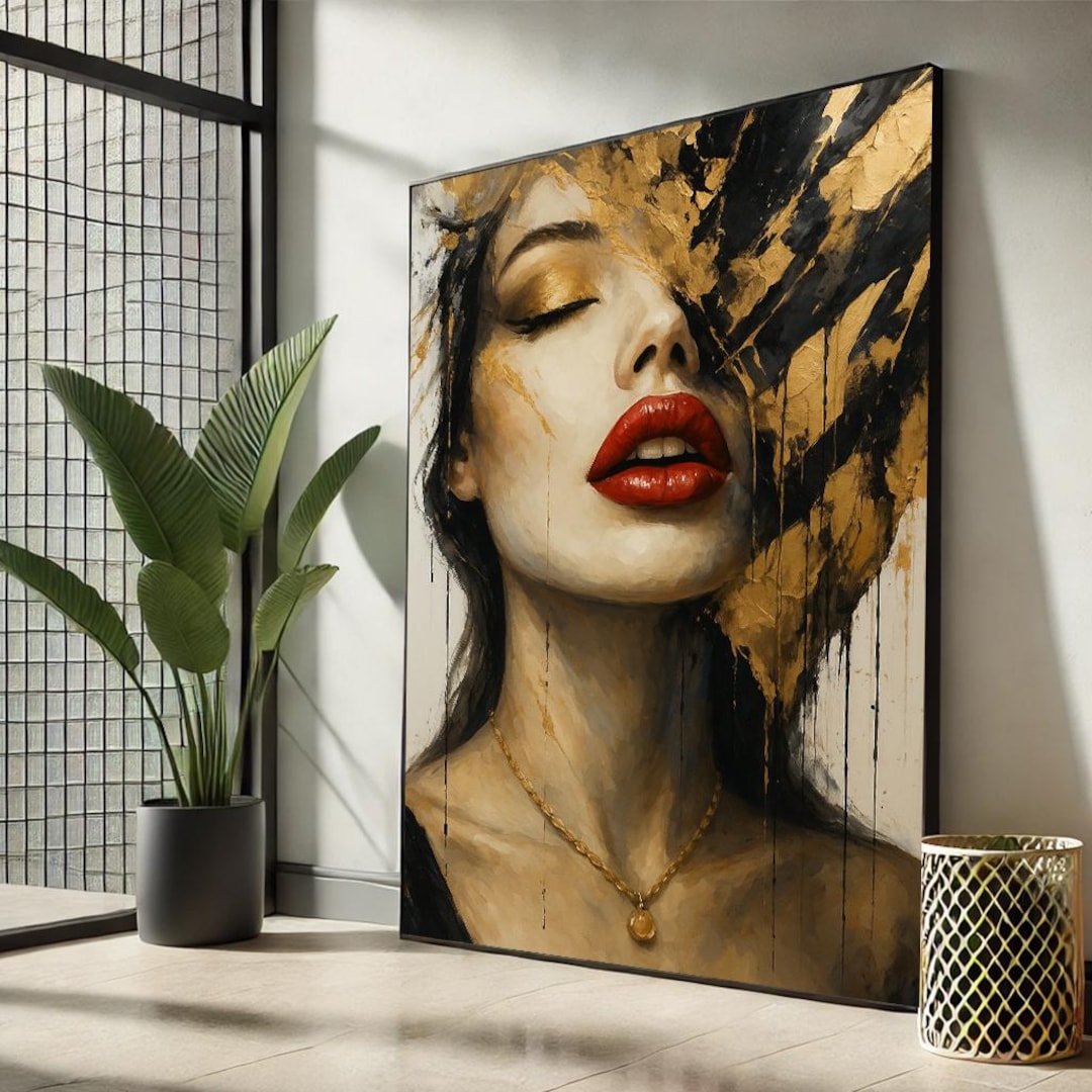 Glamorous Woman Portrait Canvas Wall Art Print | Red Lips & Gold ...