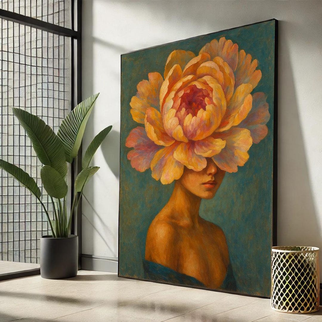 Elegant Floral Woman Portrait Canvas Wall Art Print Modern Bedroom Wall ...