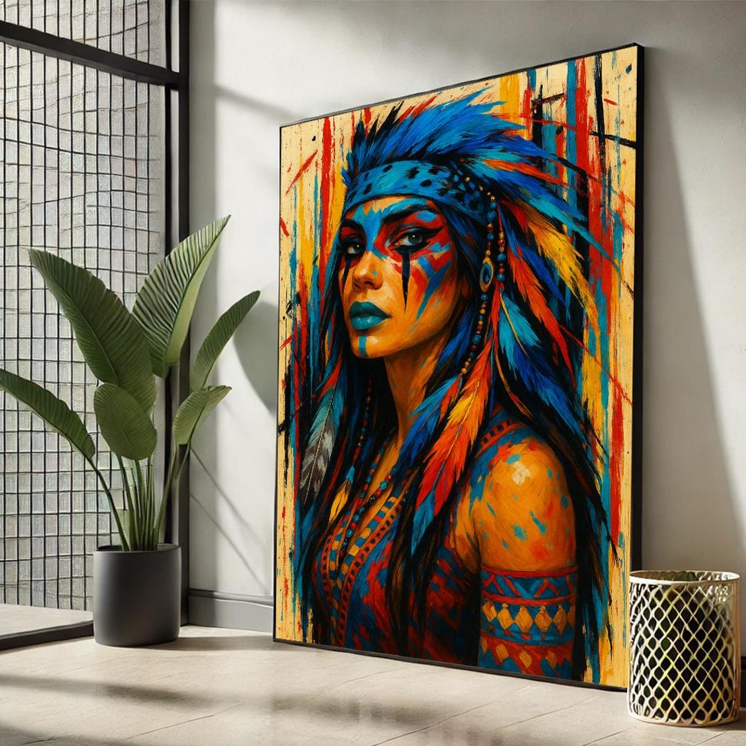 Vibrant Native Woman Canvas Art | Bold Tribal Feather Painting ...