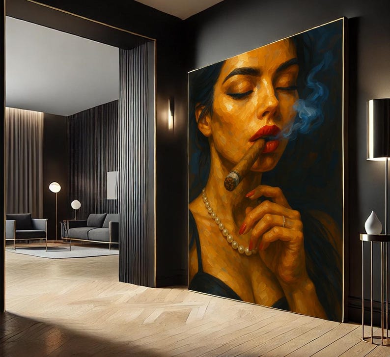 Bold Woman Smoking Cigar Portrait | Glamorous Vintage Canvas Wall Art ...