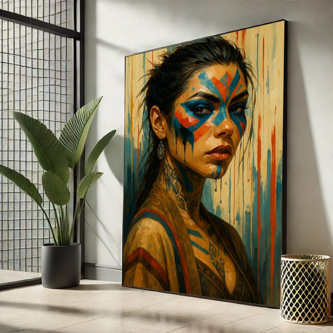 Tribal Warrior Woman Canvas | Boho Face Paint Portrait Art - Etsy
