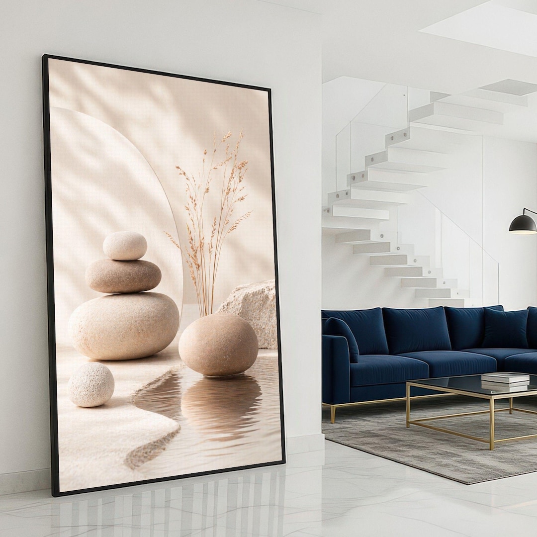 Natural Stone Stacked Framed Wall Art, Beige Minimalist Canvas Print ...