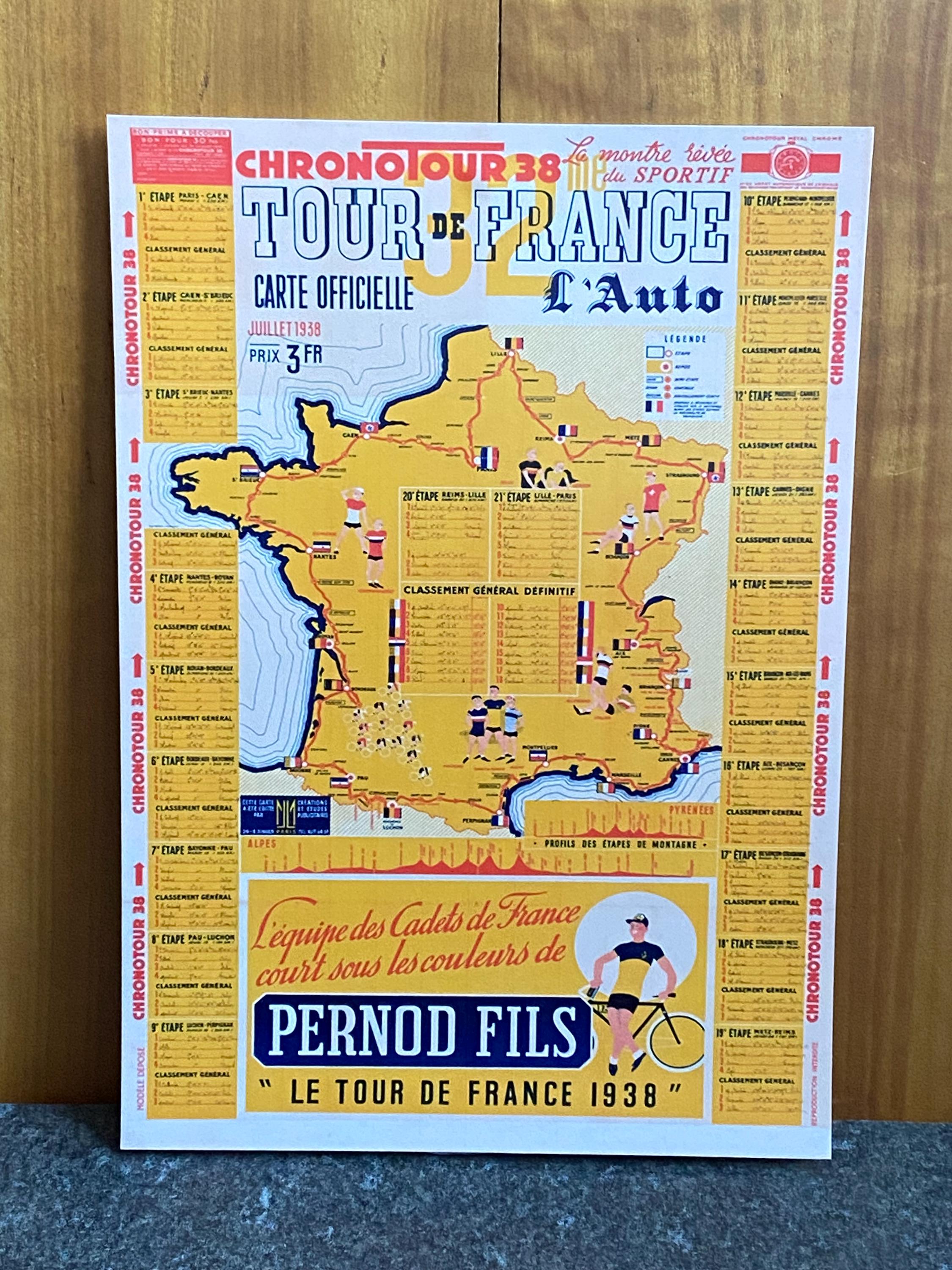 Tour De France, 1938 Route Map, Printed Metal Sign, Cycling, Bikes ...
