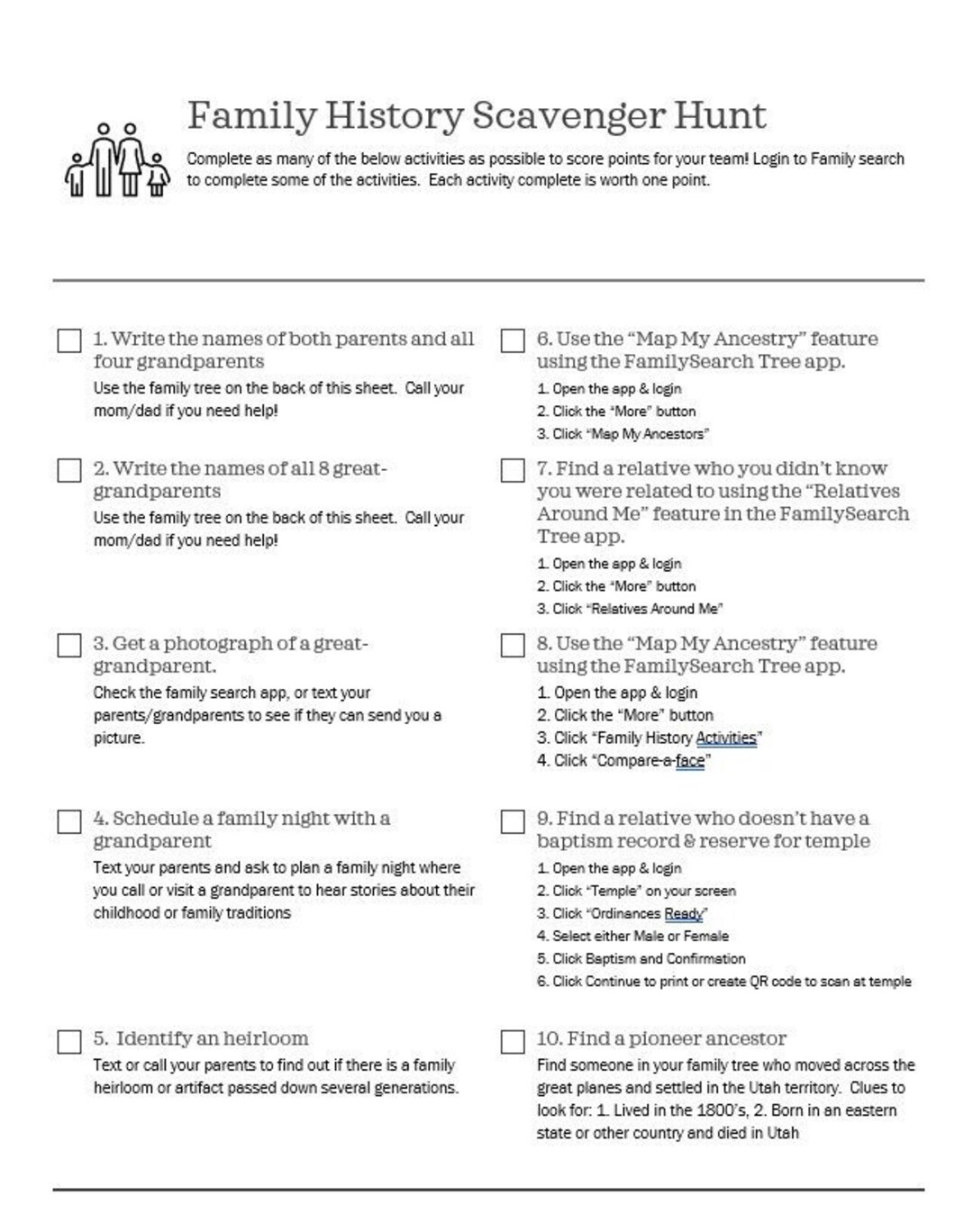 Youth Activity Family History Scavenger Hunt - Etsy