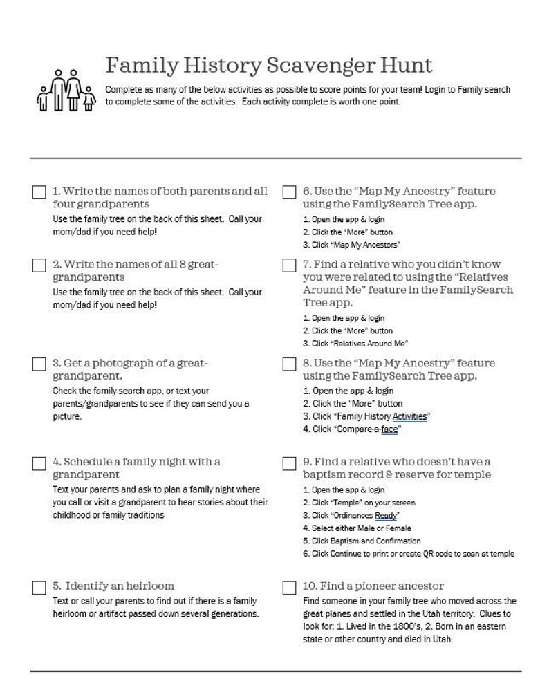 Youth Activity - Family History Scavenger Hunt - Etsy
