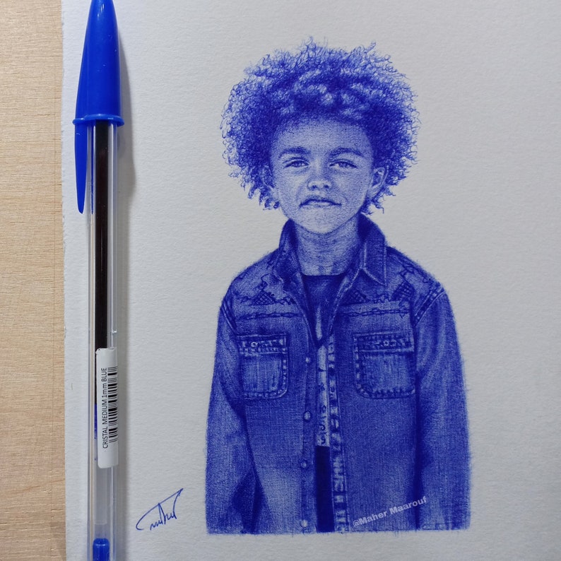 Portrait Drawing by Ballpoint Pen Blue, Drawing From Pictures, Gift for ...