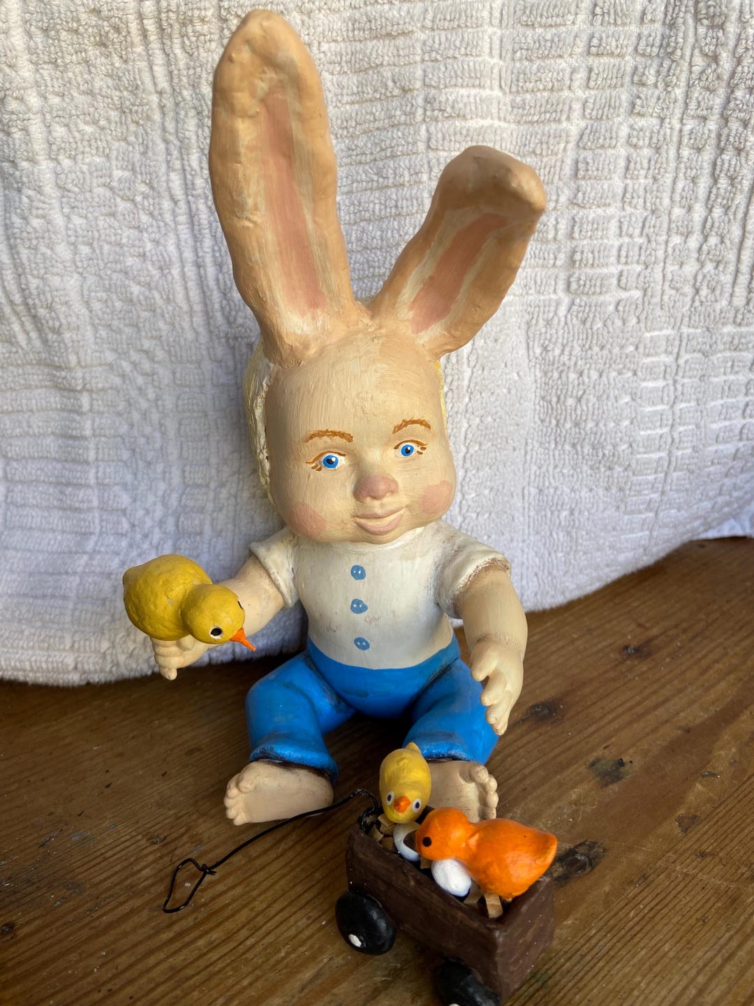 Handmade Paper Mache Baby Bunny Pulling a Wagon of Eggs, Chick & Duck ...