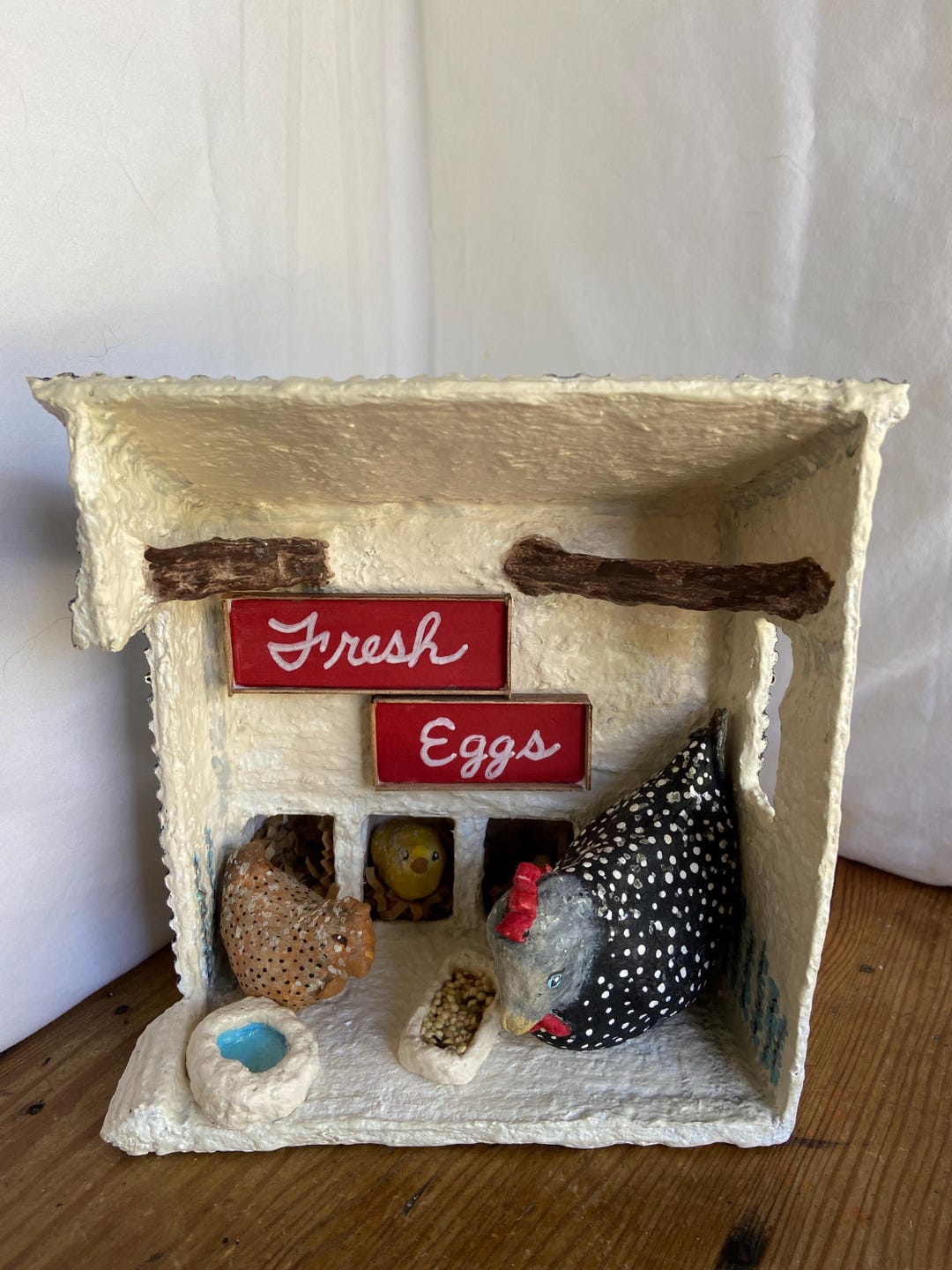 Handmade Paper Mache Chicken Coop Diorama With Hens, Chick & Eggs - Etsy