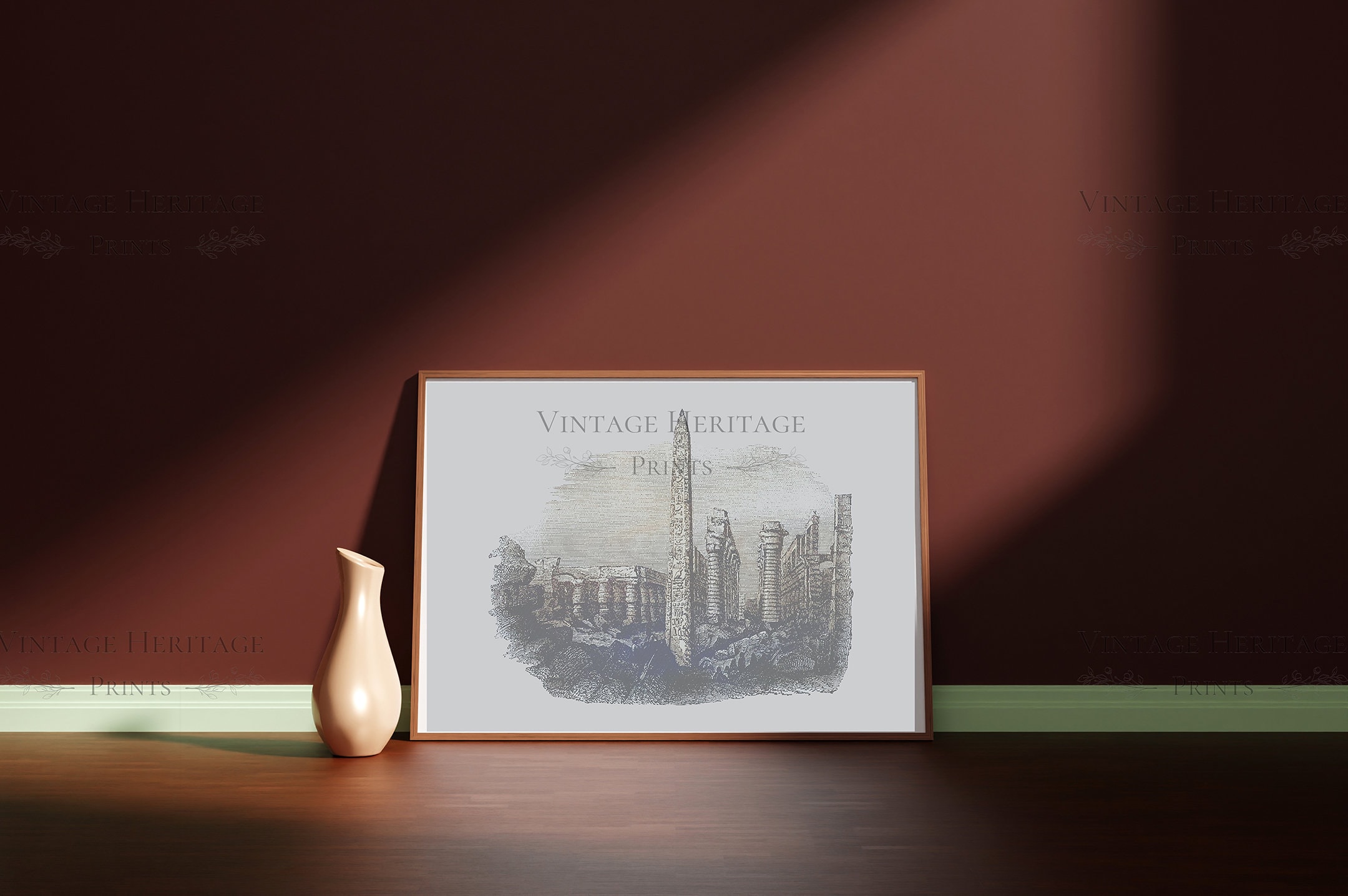 Ancient Egyptian Obelisk and Temple Ruins, Vintage 1800s Color Line ...