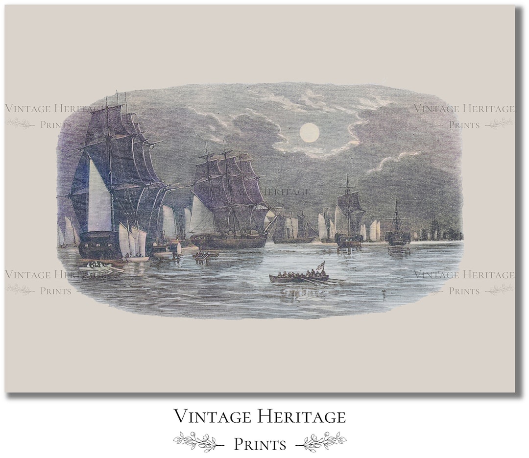 Vintage 1800s Color Line Drawing, Maritime Sailing Ships in Harbor ...