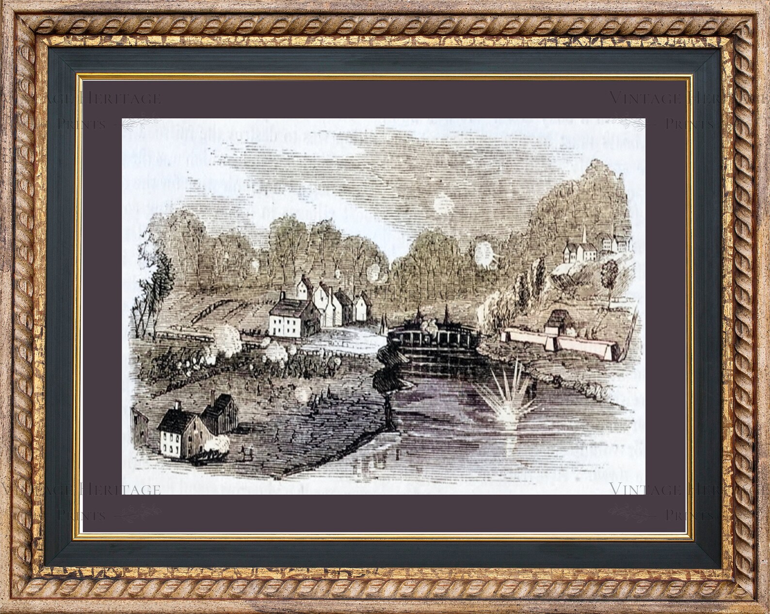 Civil War Era Color Woodcut Etching of Historical 1800s Battle, 19th ...