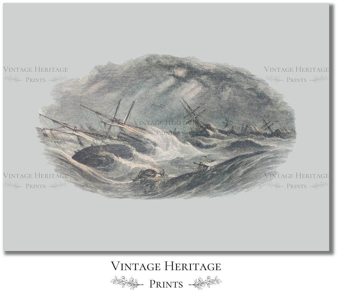 Vintage 1800s Color Line Drawing, Maritime Sailing Ships in Storm at ...