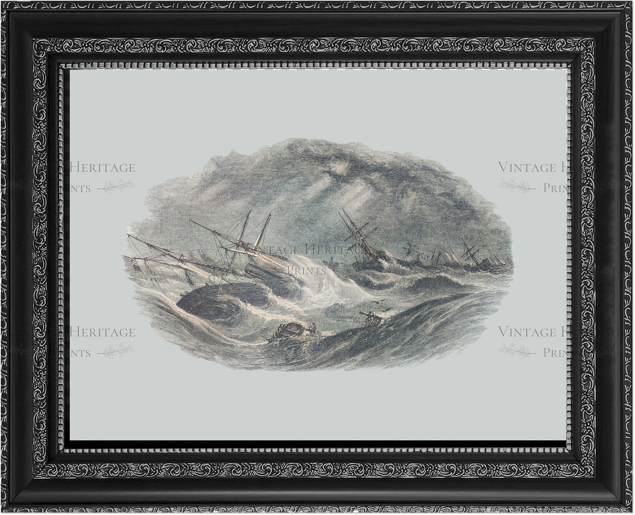 Vintage 1800s Color Line Drawing, Maritime Sailing Ships in Storm at ...