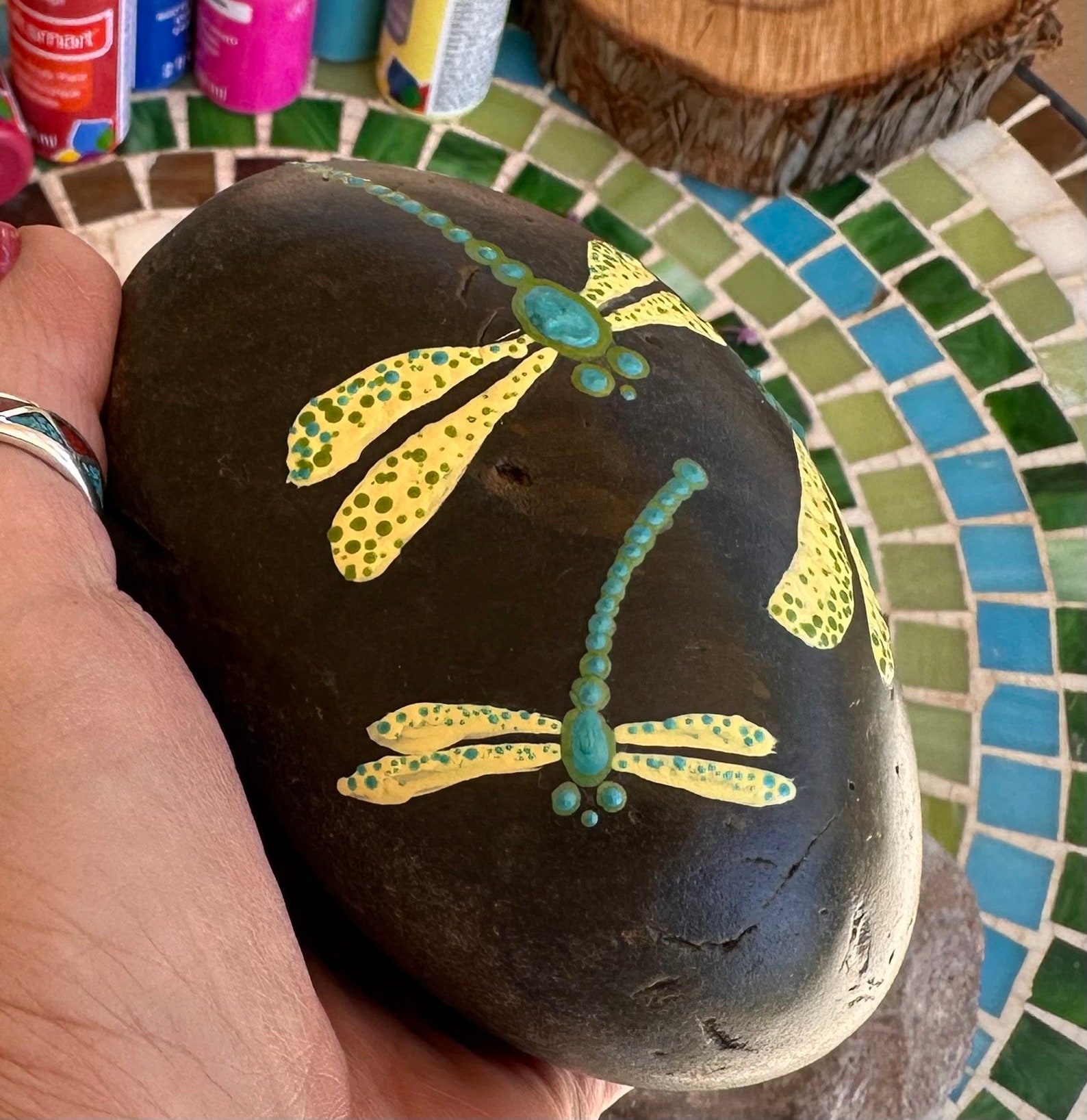 Yellow Winged Dragonflies Paperweight Rock Art Painted Rocks Dragonfly ...