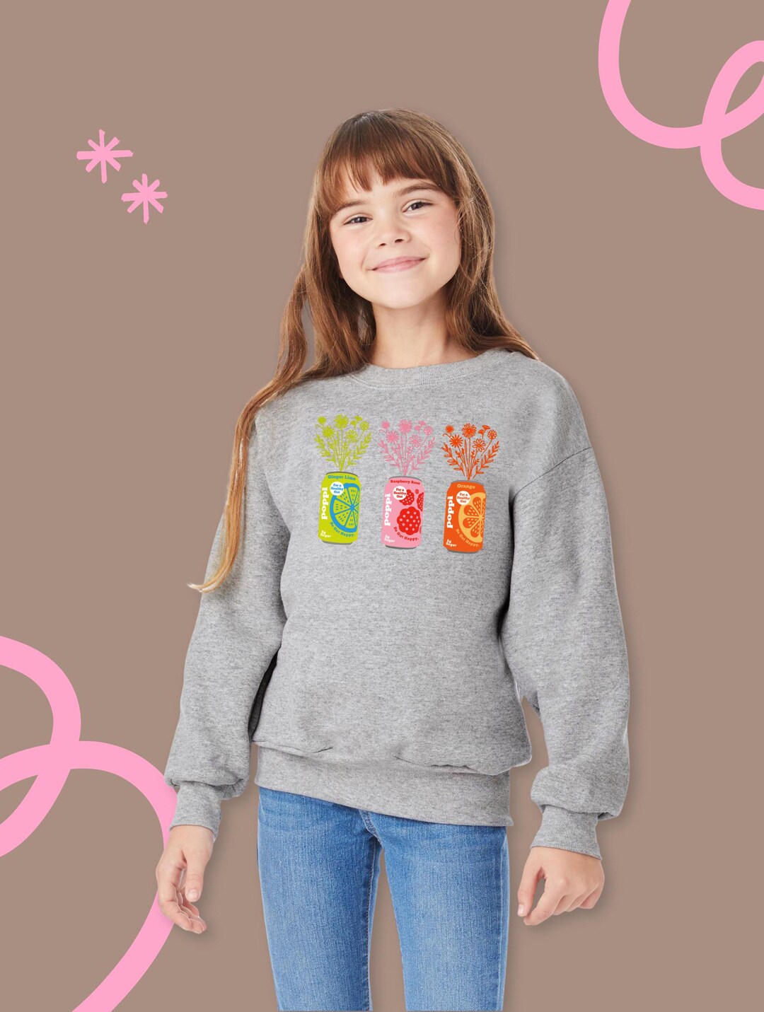 Poppi Youth Sweatshirt: Floral Soda Can Design, Cozy Kids Crewneck - Etsy