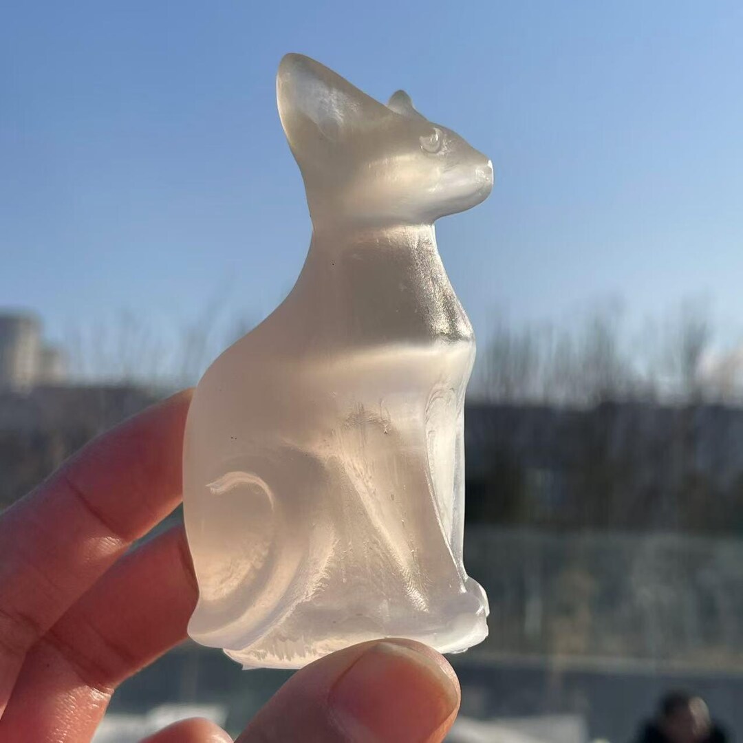 3"natural White Selenite Slab Crystal ，hand-carved Cat ，mineral ...
