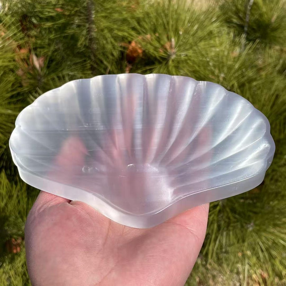 6"natural White Selenite Slab Crystal ，carved Sea Shell Bowl，crystal ...