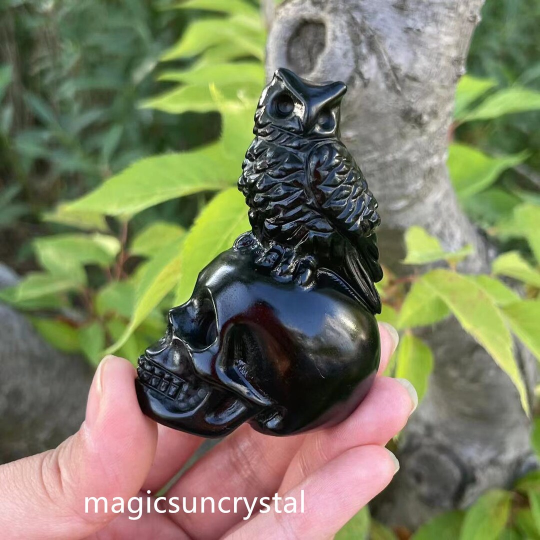 2 Natural Obsidian Crystal Hand Carved Owl Skull Gift Home Decoration ...