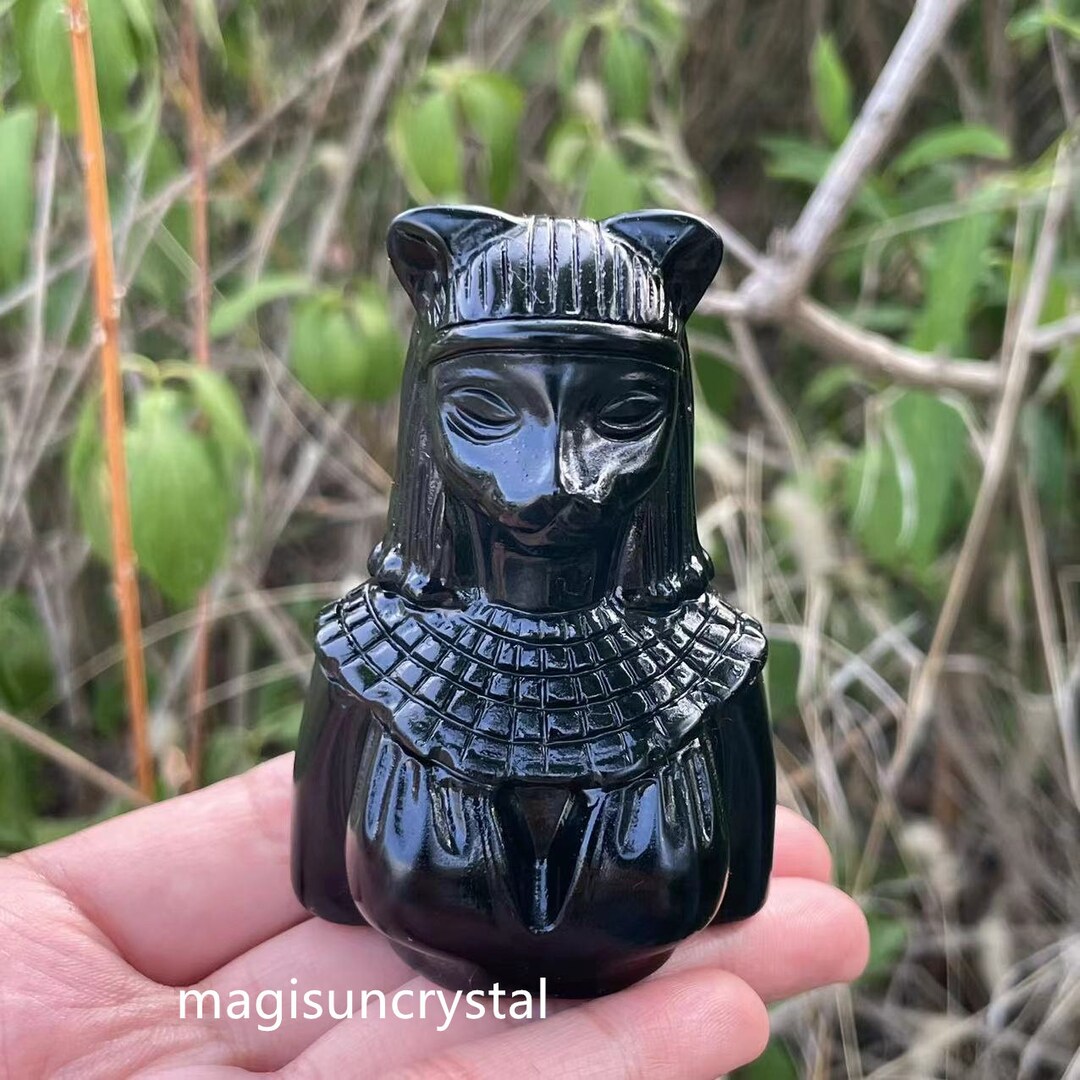 3natural Obsidian Crystal Hand Carving Egypt Cat Queen Skull Gift Home ...