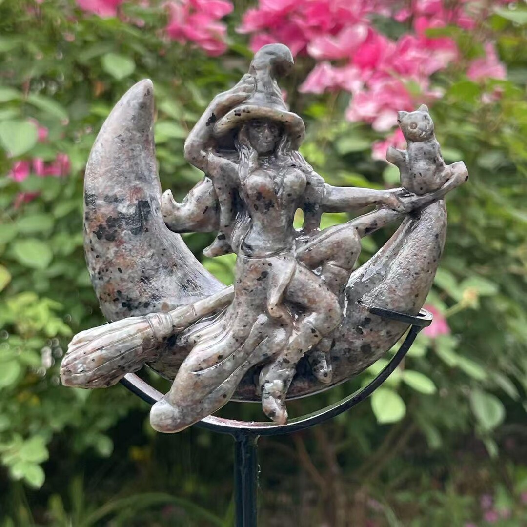 Hand Carved Yooperlite Crystal Witch on Moon, Halloween Decor (150mm ...