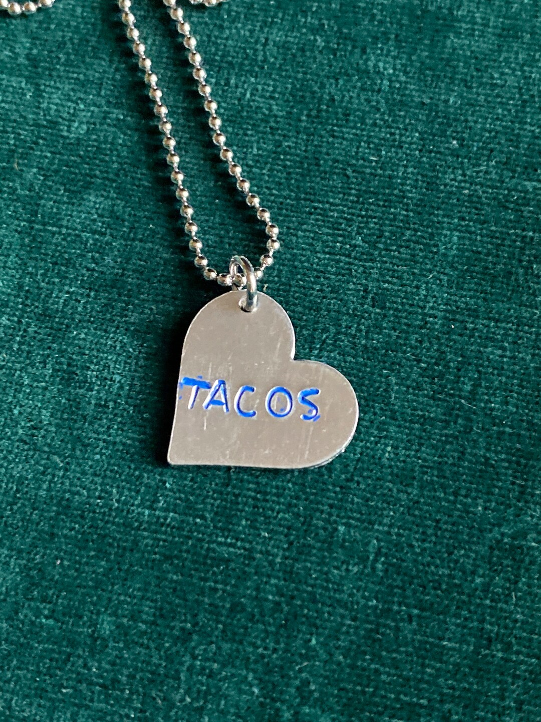 Tacos Food Love Heart Shaped Necklace, Hand Stamped Pendant. Ball Chain ...