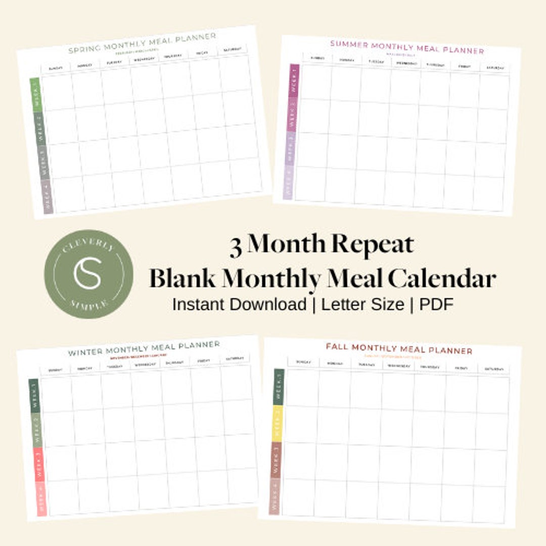Blank Monthly Menu Calendar Template, Monthly Calendar Meal Menu for ...