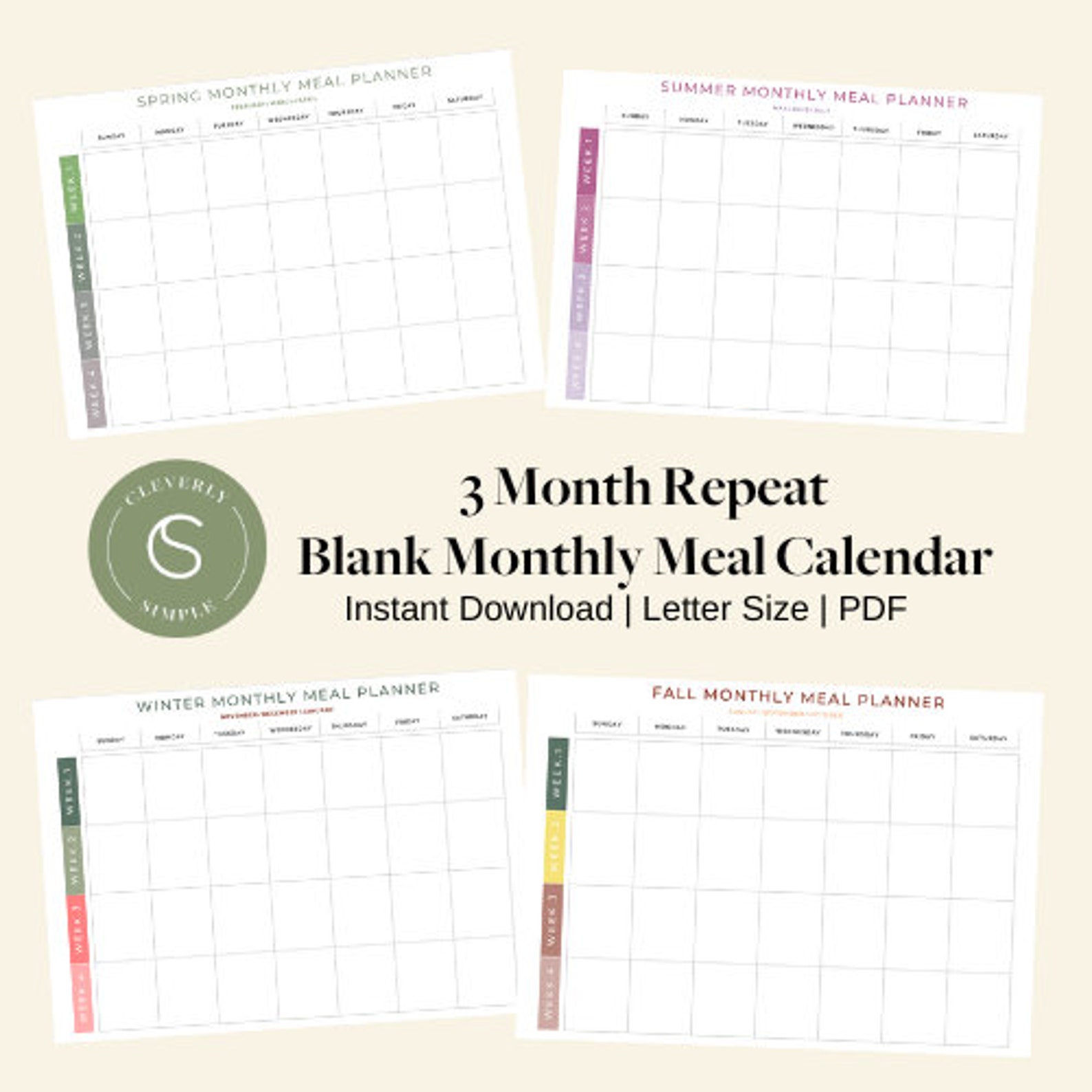 Blank Monthly Menu Calendar Template, Monthly Calendar Meal Menu for ...