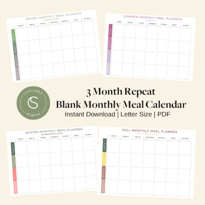 Blank Monthly Menu Calendar Template, Monthly Calendar Meal Menu for ...