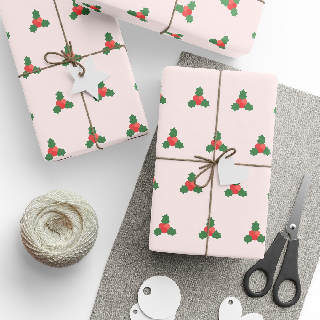 Pink Christmas Holly Wrapping Paper Holiday Gift Wrap Festive and Fun ...