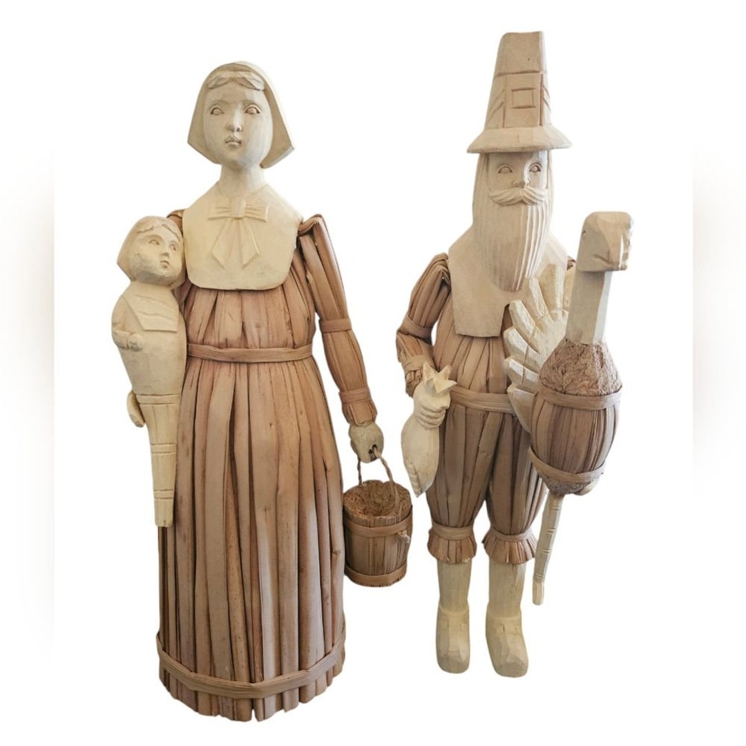 Vintage Cornhusk and Carved Wood Thanksgiving Pilgrim Family Figurines ...