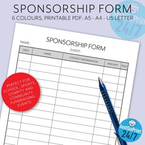 Sponsorship Form - Printable Fundraiser Form - Charity Fundraiser ...