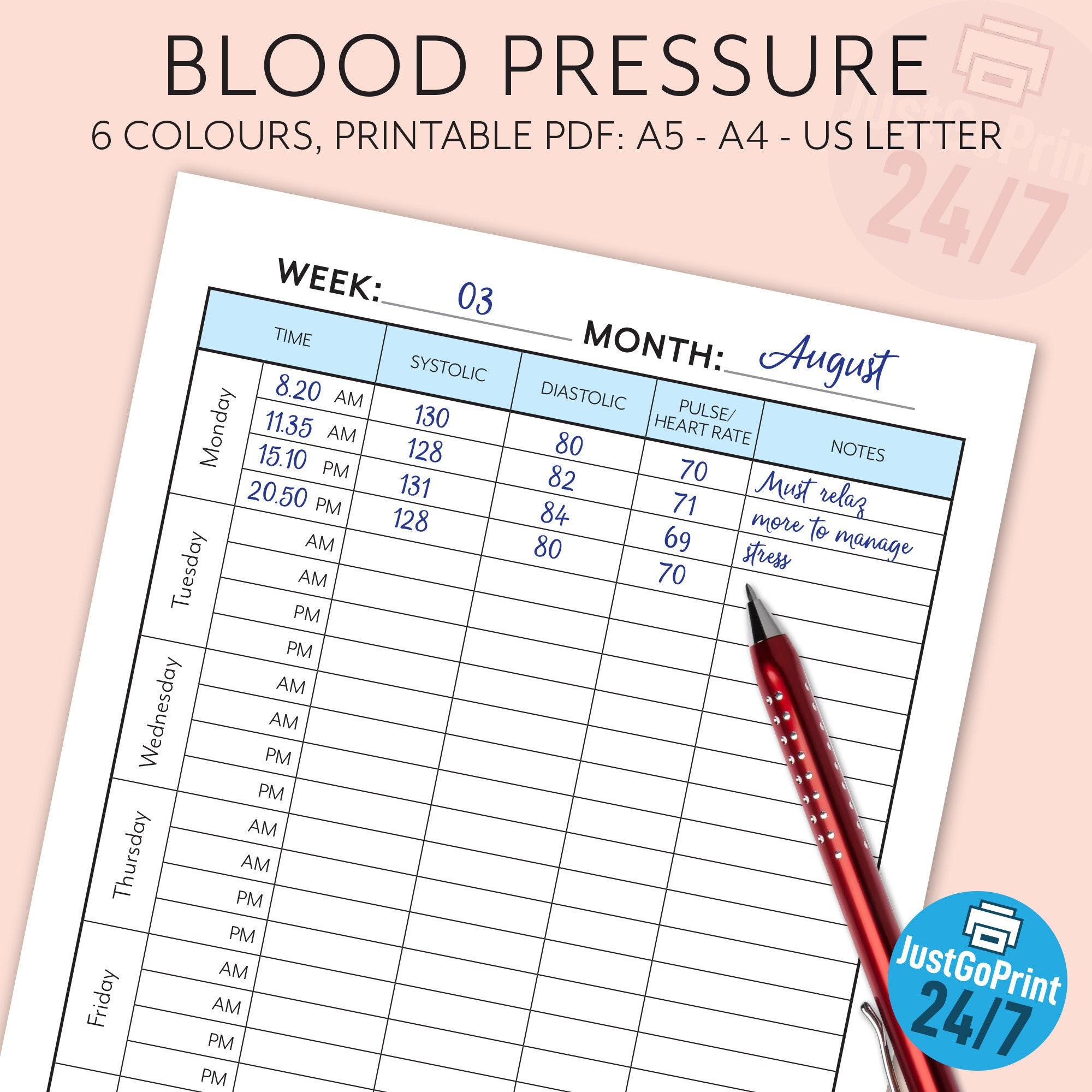 Blood Pressure Log Printable - High Blood Pressure Tracker Template ...