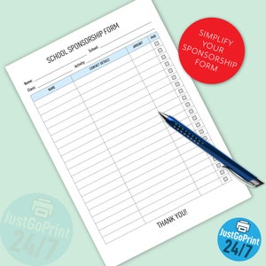 School Sponsorship Form - Printable Fundraiser Form - Charity ...