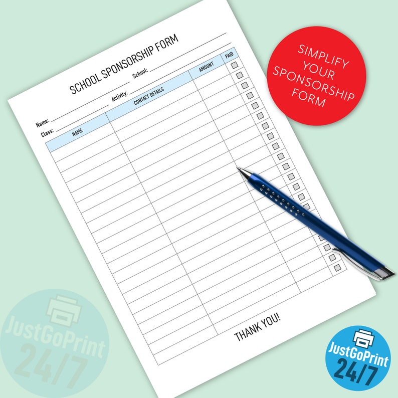School Sponsorship Form - Printable Fundraiser Form - Charity ...