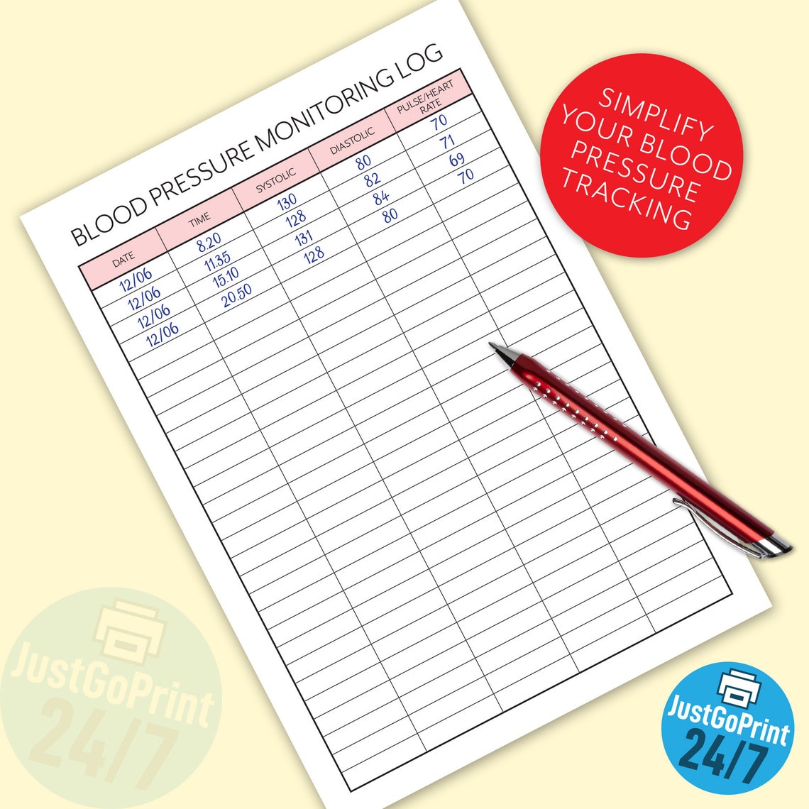 Blood Pressure Log Printable - High Blood Pressure Tracker Template ...