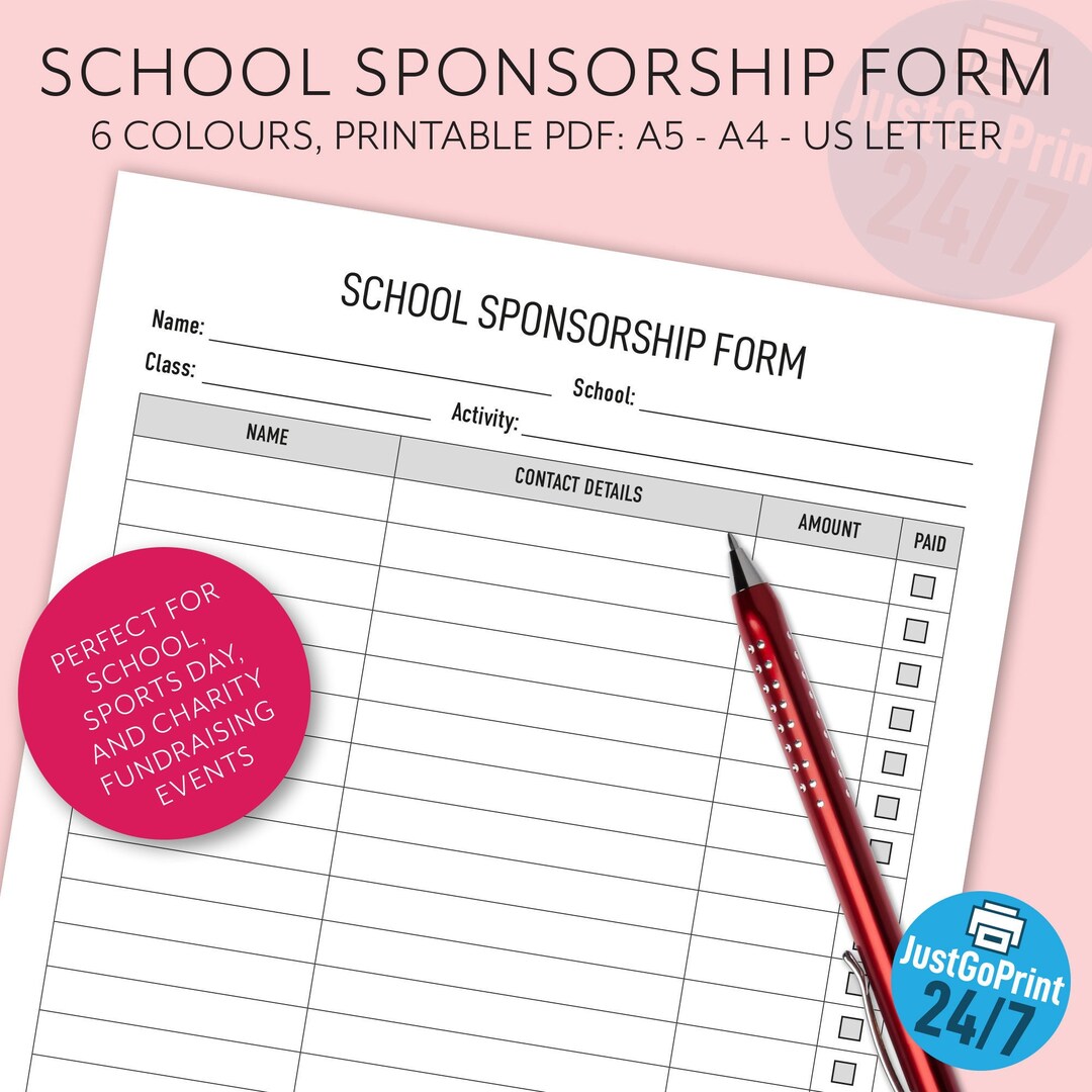 School Sponsorship Form - Printable Fundraiser Form - Charity ...