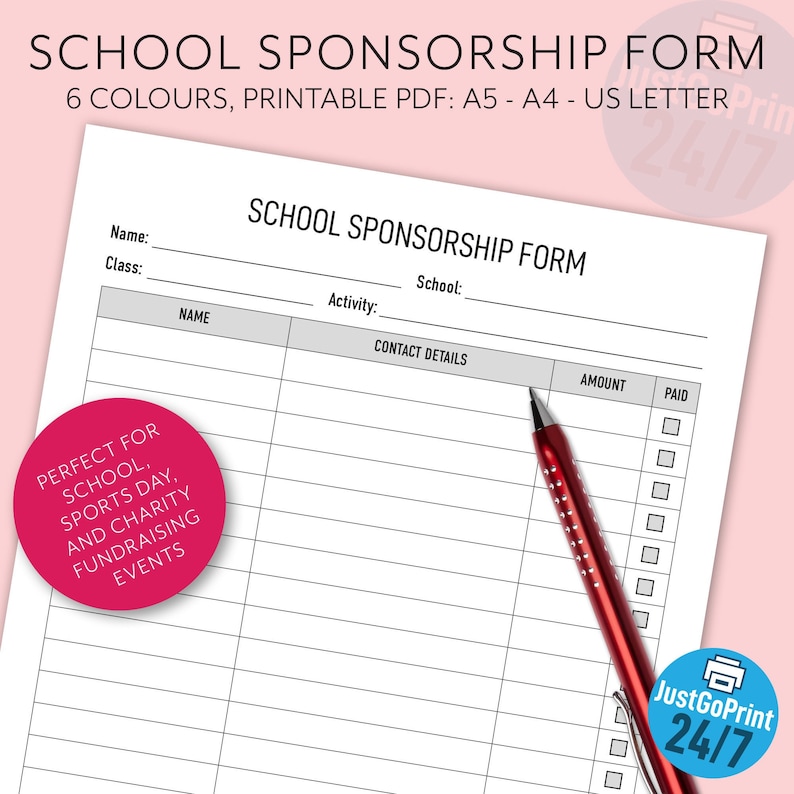 School Sponsorship Form - Printable Fundraiser Form - Charity ...