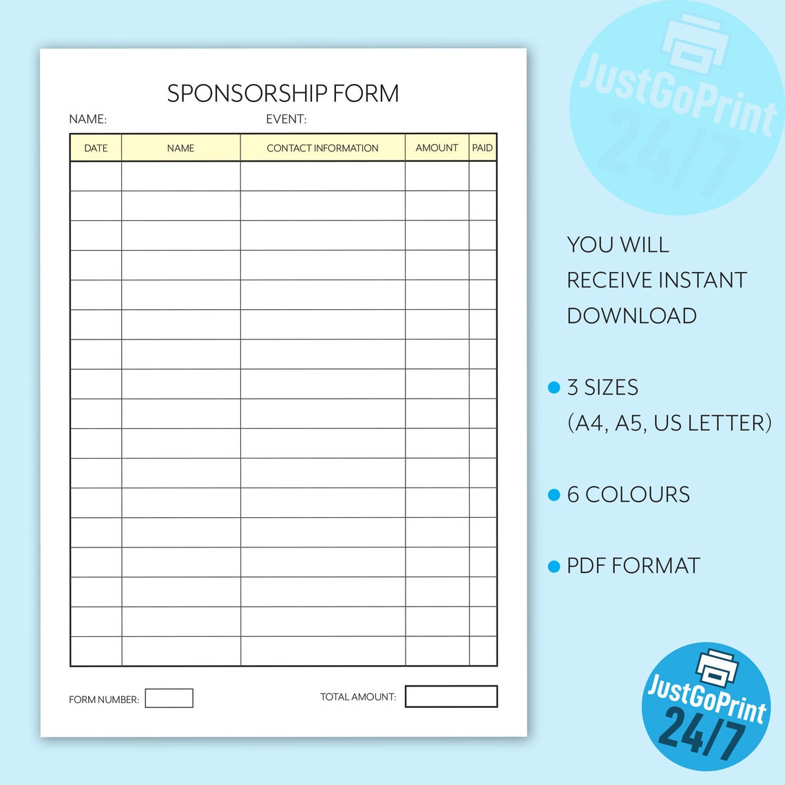 Sponsorship Form - Printable Fundraiser Form - Charity Fundraiser ...